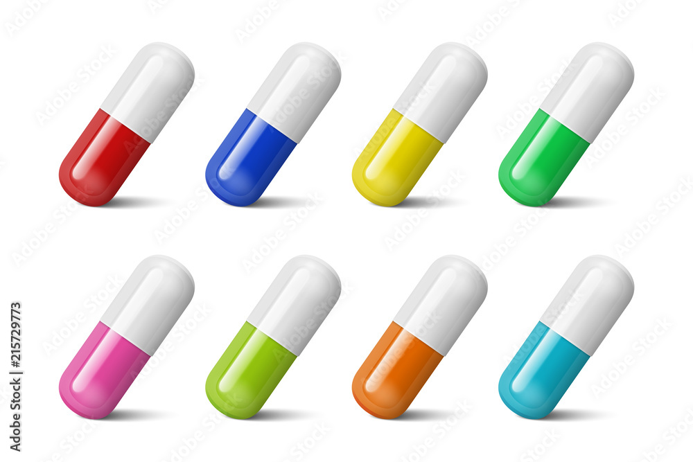 Vector realistic 3d different color medical pill icon set isolated on ...