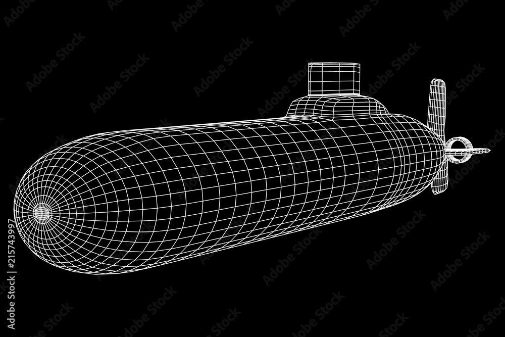 Military atomic submarine underwater boat. Wireframe low poly mesh ...