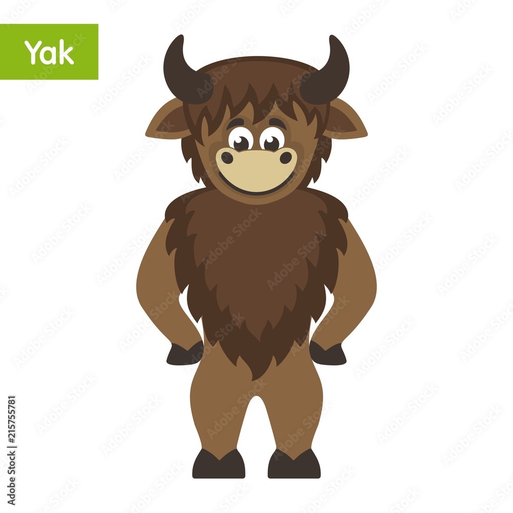 Cheerful brown yak. Funny cartoon character on white background. Flat ...
