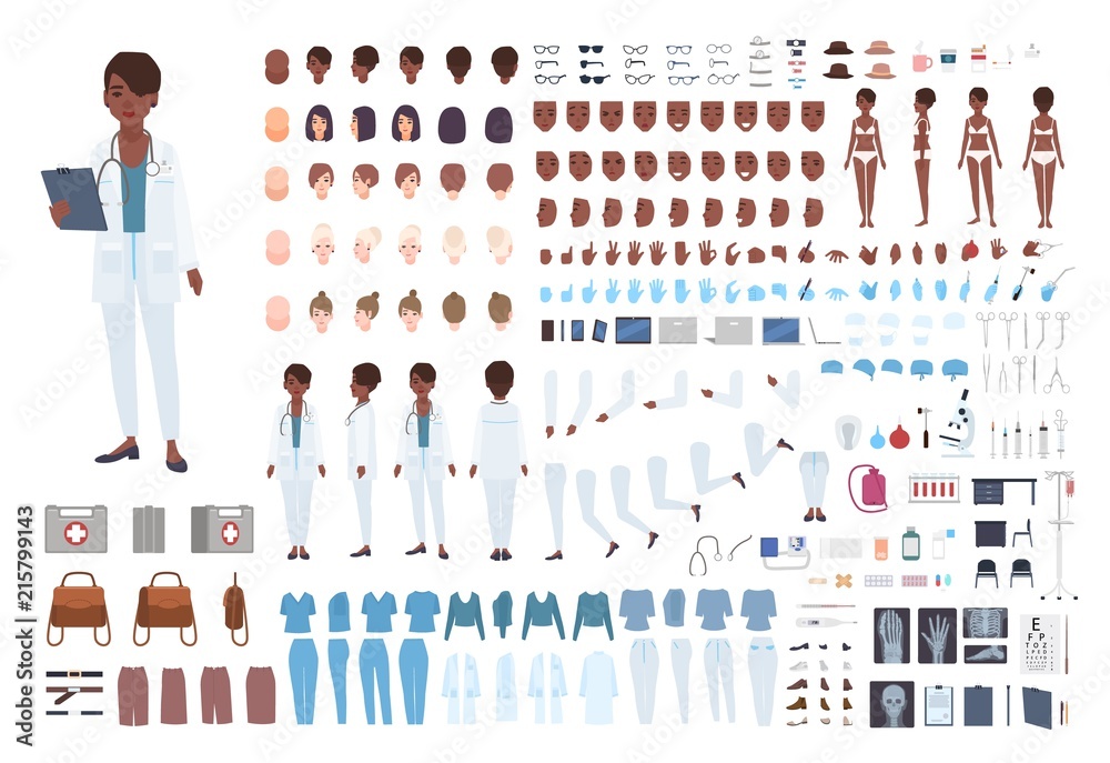 African American female doctor constructor. Set of body parts in ...