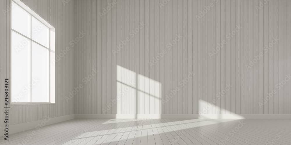 Stimulate scene of white empty room with sun light cast shadow on the ...