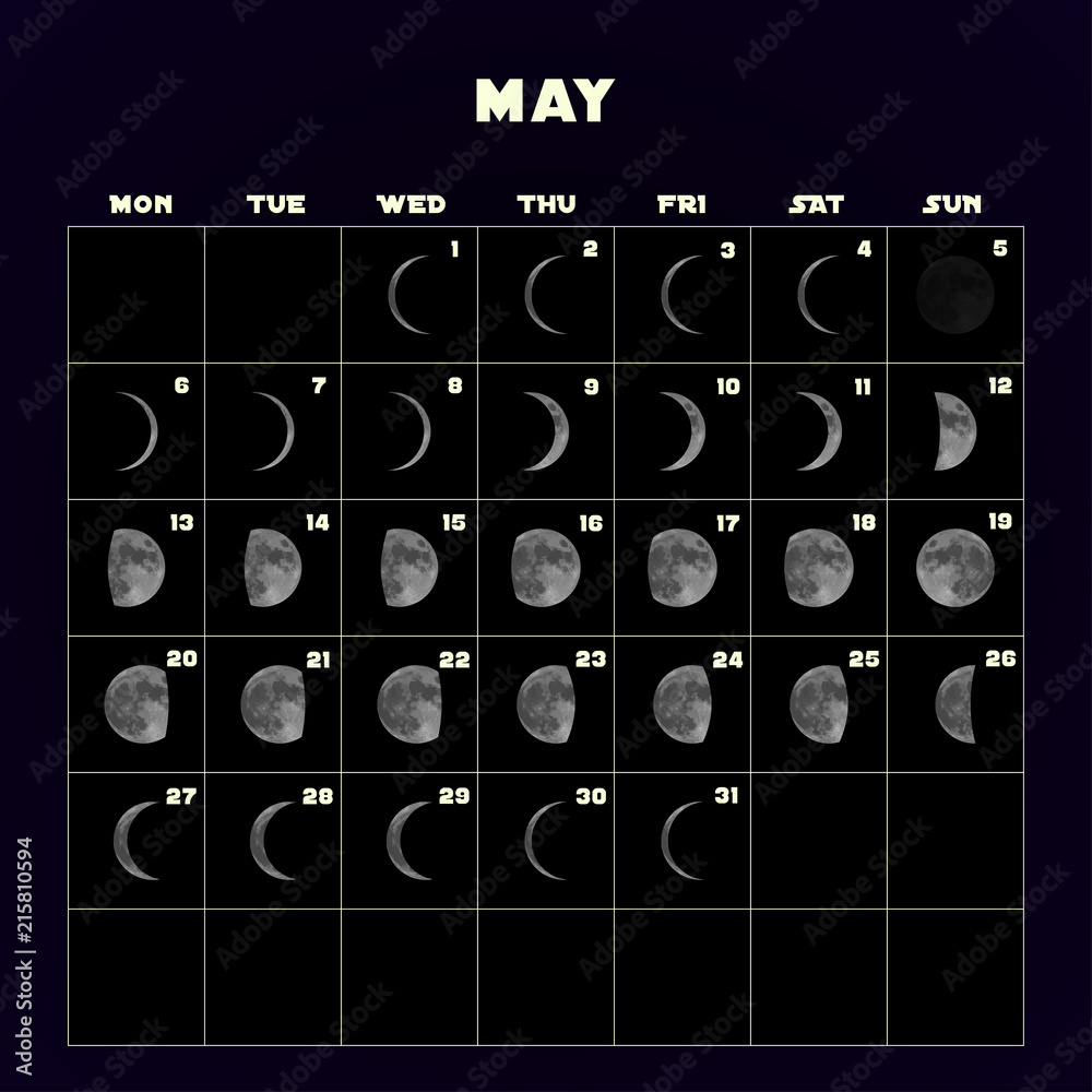 Moon phases calendar for 2019 with realistic moon. May. Vector. Stock ...