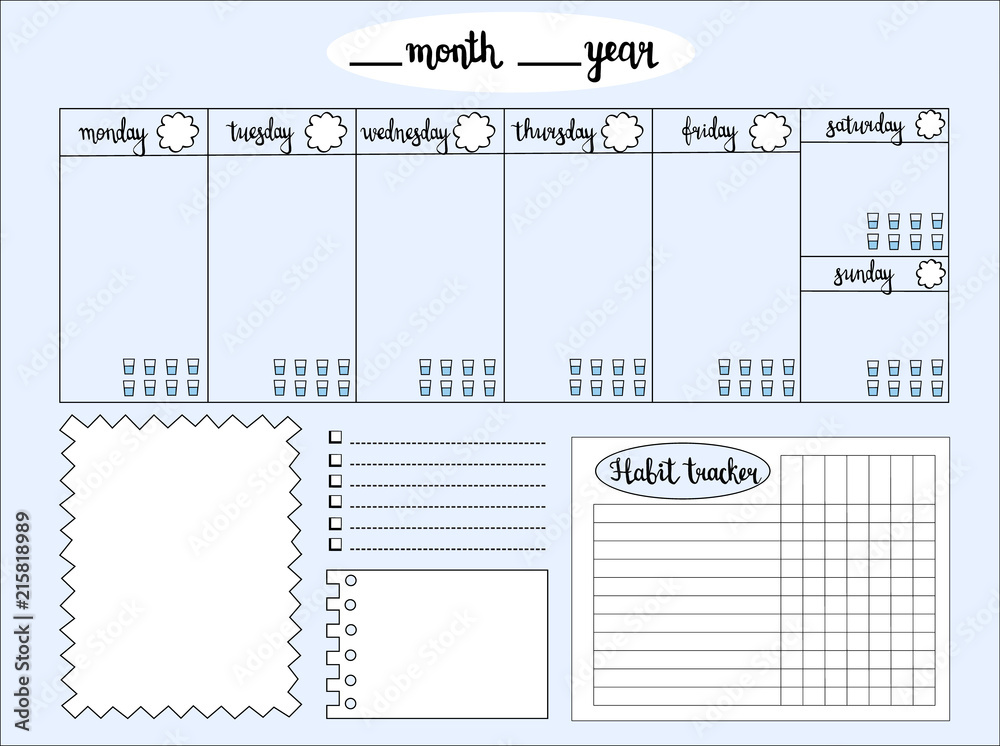 Empty weekly planner with water level tracker, space for notes, To do ...