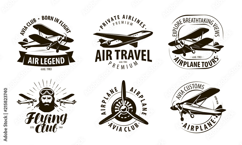 aircraft, airplane logo or label. flying club, airlines icon set ...