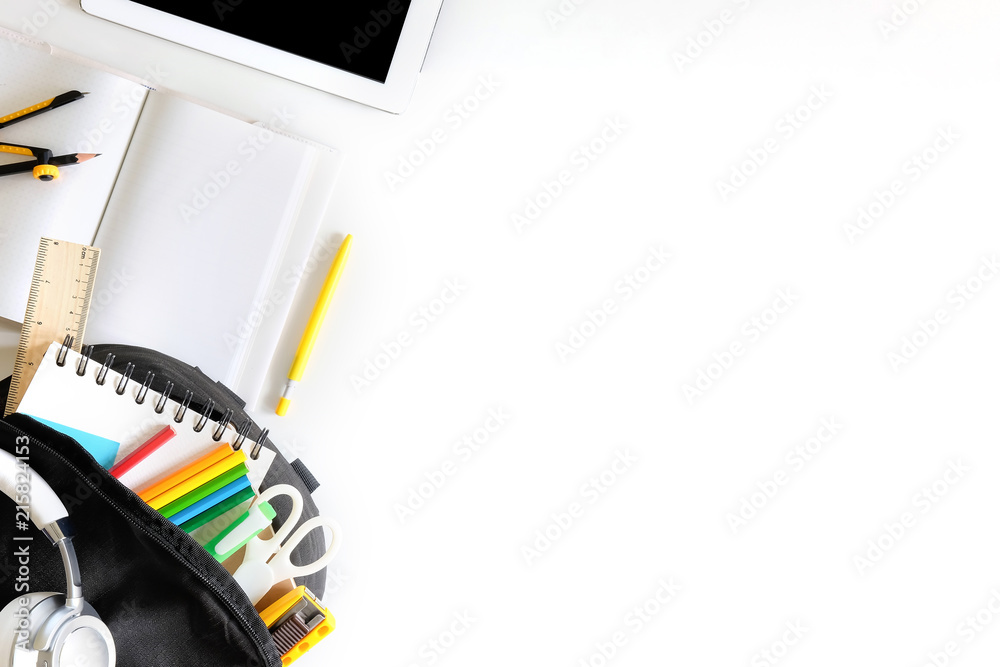 Back to school. Items for the school colourful supplies on white table ...
