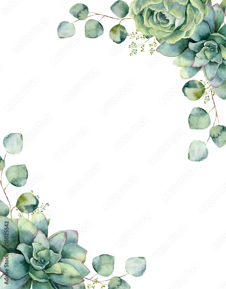 Watercolor card with exotic bouquet. Hand painted eucalyptus branch and ...