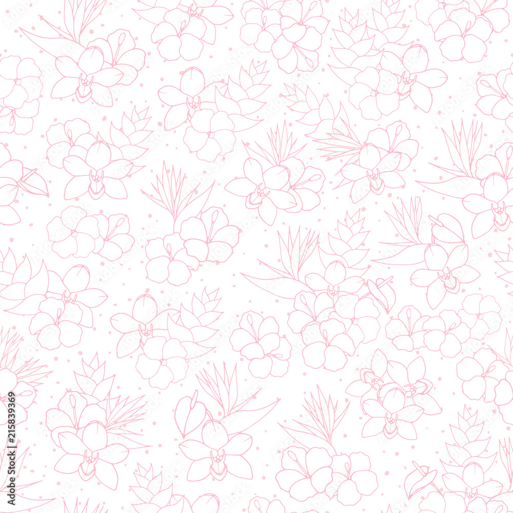 Vector tropical repeat pattern with orchid, hibiscus and bird of ...