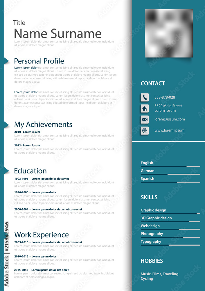 Professional personal resume cv in blue design and pointers Stock ...