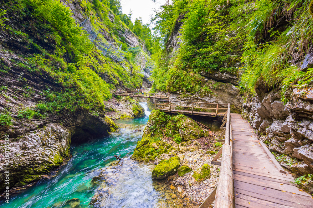 Vintgar gorge, Slovenia. The Radovna river with wooden paths and bridge ...