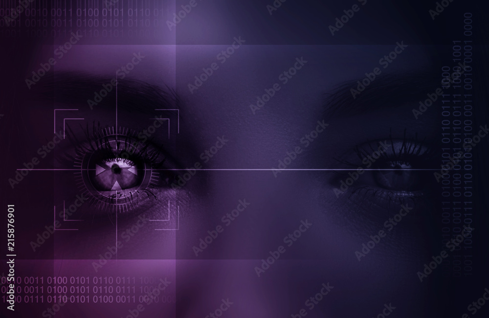 Biometric scanner of the female eye, virtual reality, dark background ...