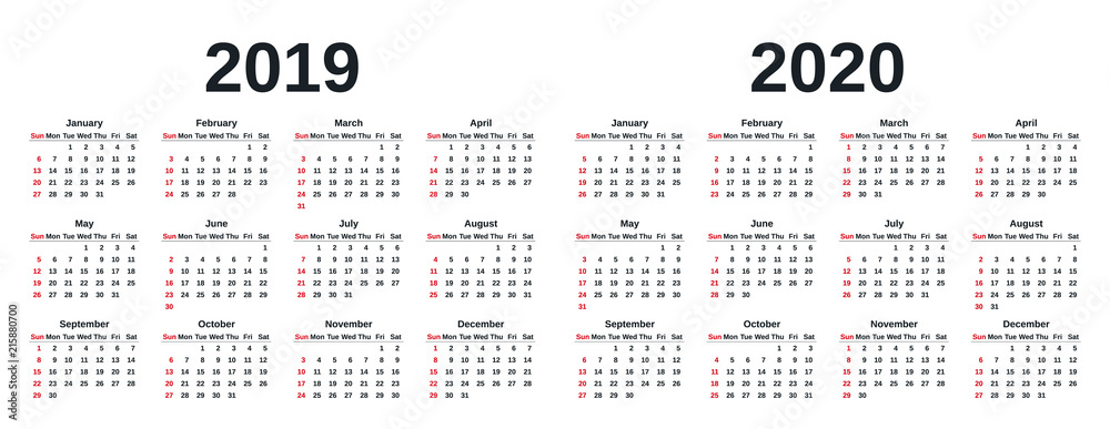2019, 2020 calendar. Vector graphics. Week starts Sunday. Design ...