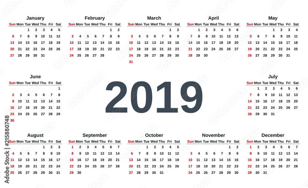 2019 Calendar. Week starts Sunday. Vector. Stationery 2019 template ...