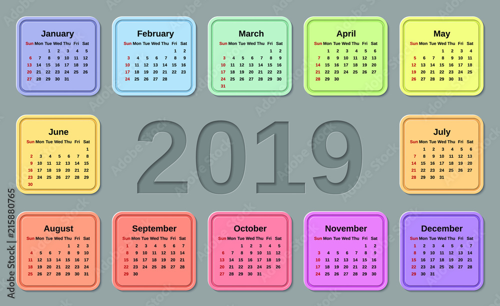 2019 Calendar. Week starts Sunday. Vector. Stationery 2019 template ...