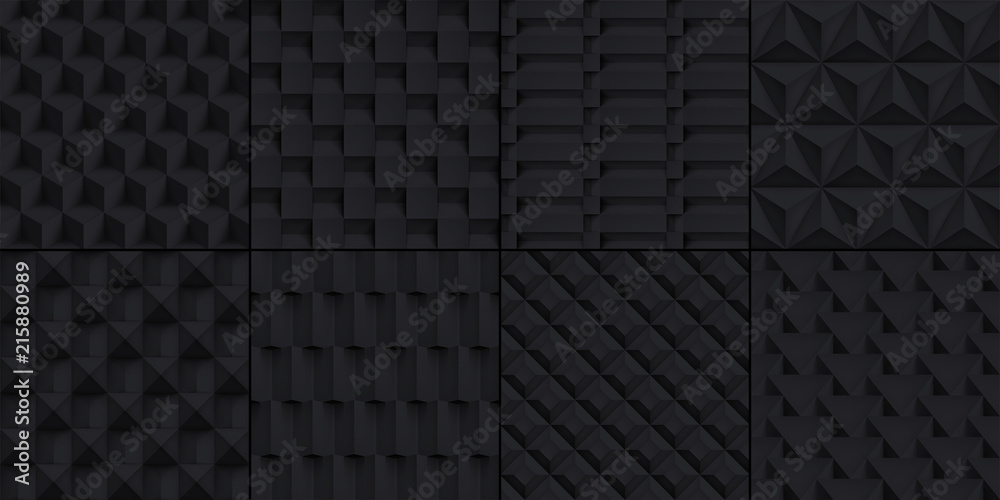 8 Volume realistic cubes textures set, black geometric patterns, vector ...