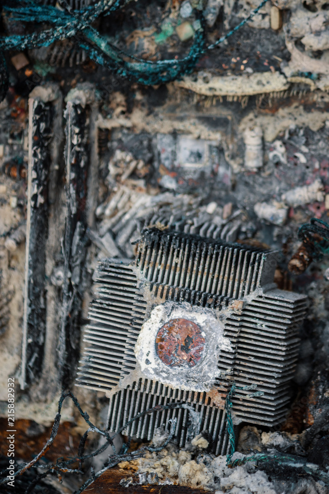 Closeup of a processor cooler on a burned desktop computer. Burned ...