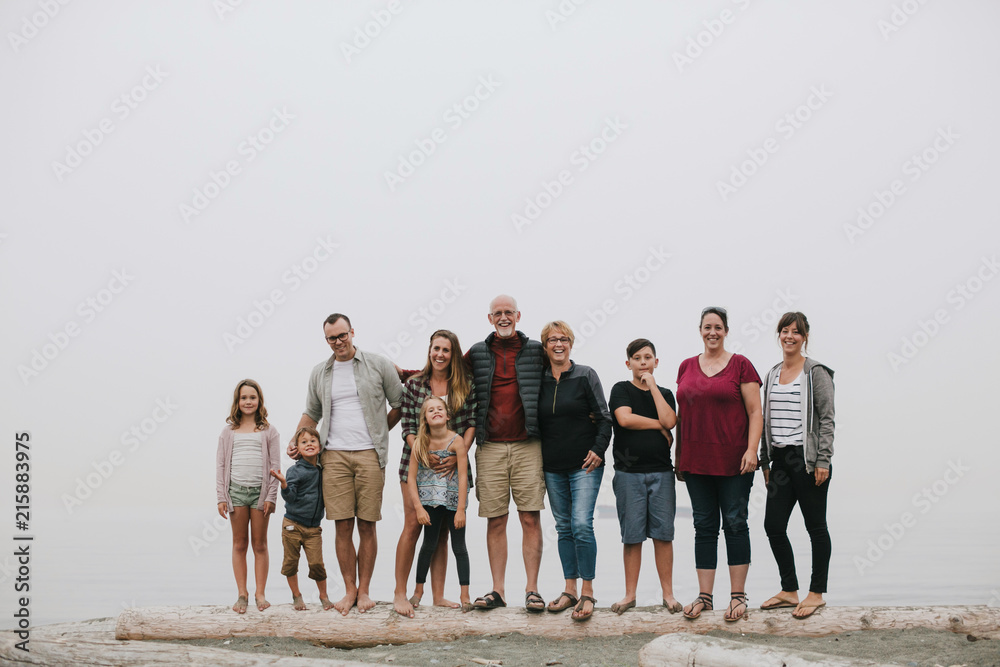 Extended family hanging out together on log at the beach Stock Photo ...