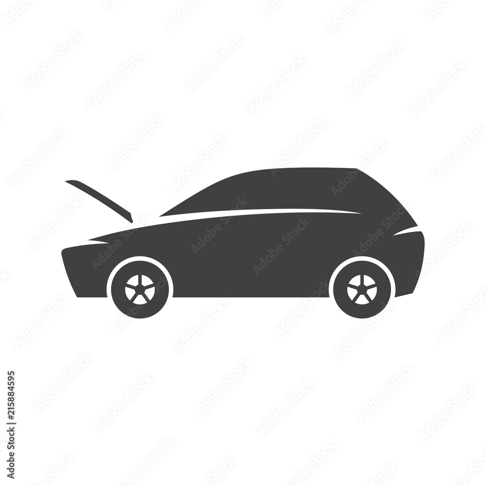 Car with hood open icons in black and white. Automotive vehicle ...