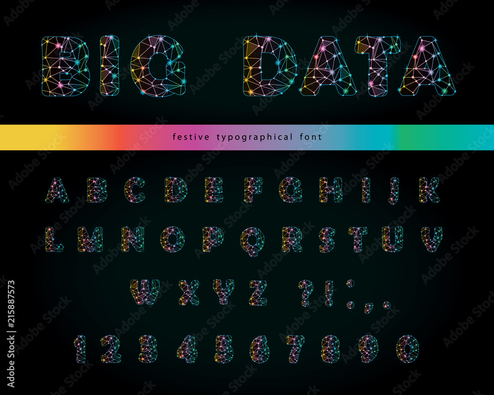 Big data modern font on black background. Polygonal letters and numbers with sparkle dots and ...