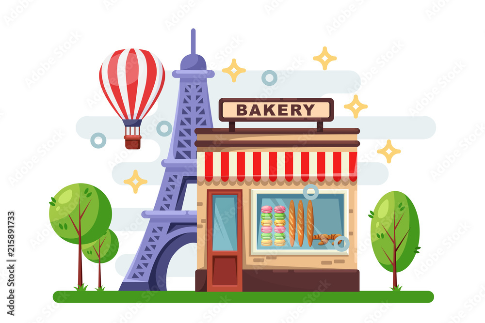 French bakery with macarons, croissant on shop-window. Paris cityscape ...