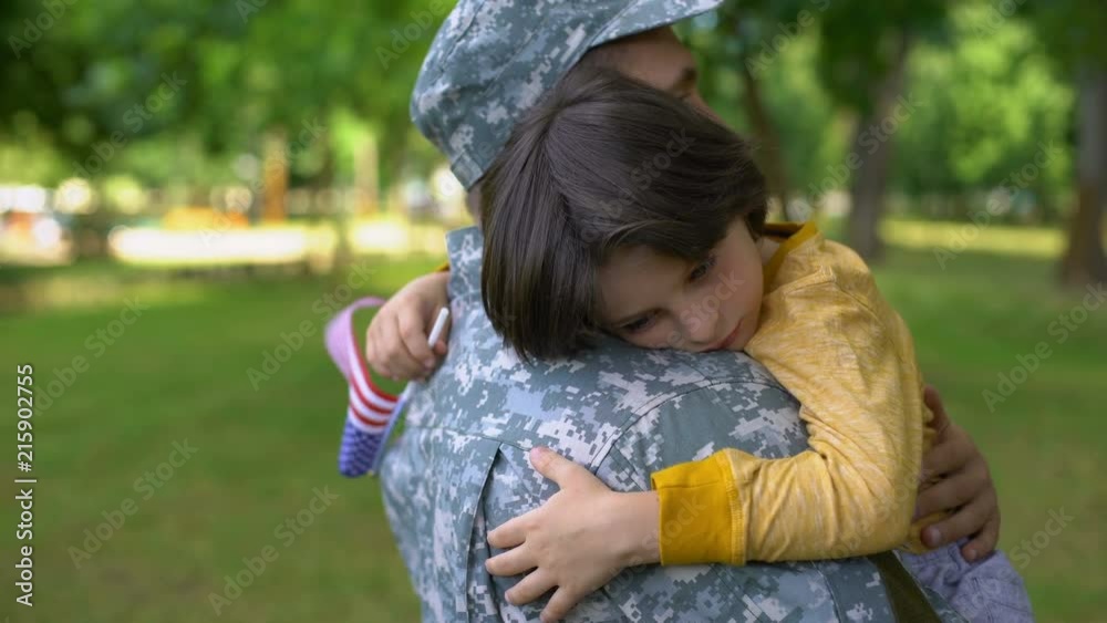 Enlisted army soldier hugging sad son before leaving for war, family ...
