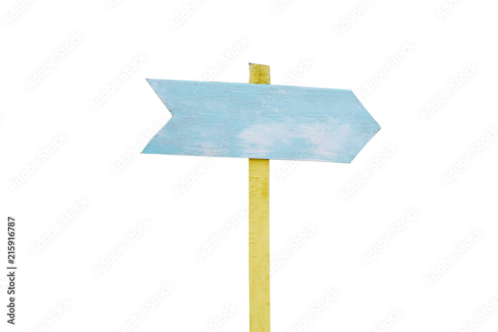 Wooden blank sign blue and yellow color isolated on white background ...