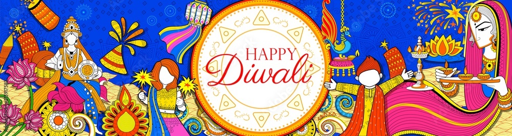 Kid celebrating happy Diwali Holiday doodle background for light ...