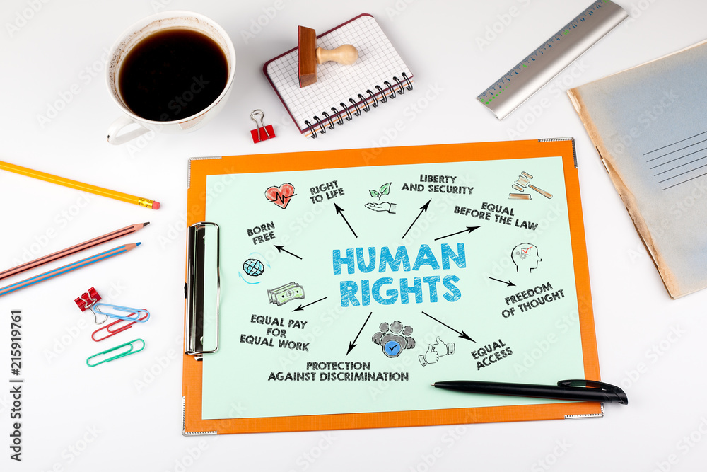 human rights concept, keywords and icons. Office desk with stationery ...