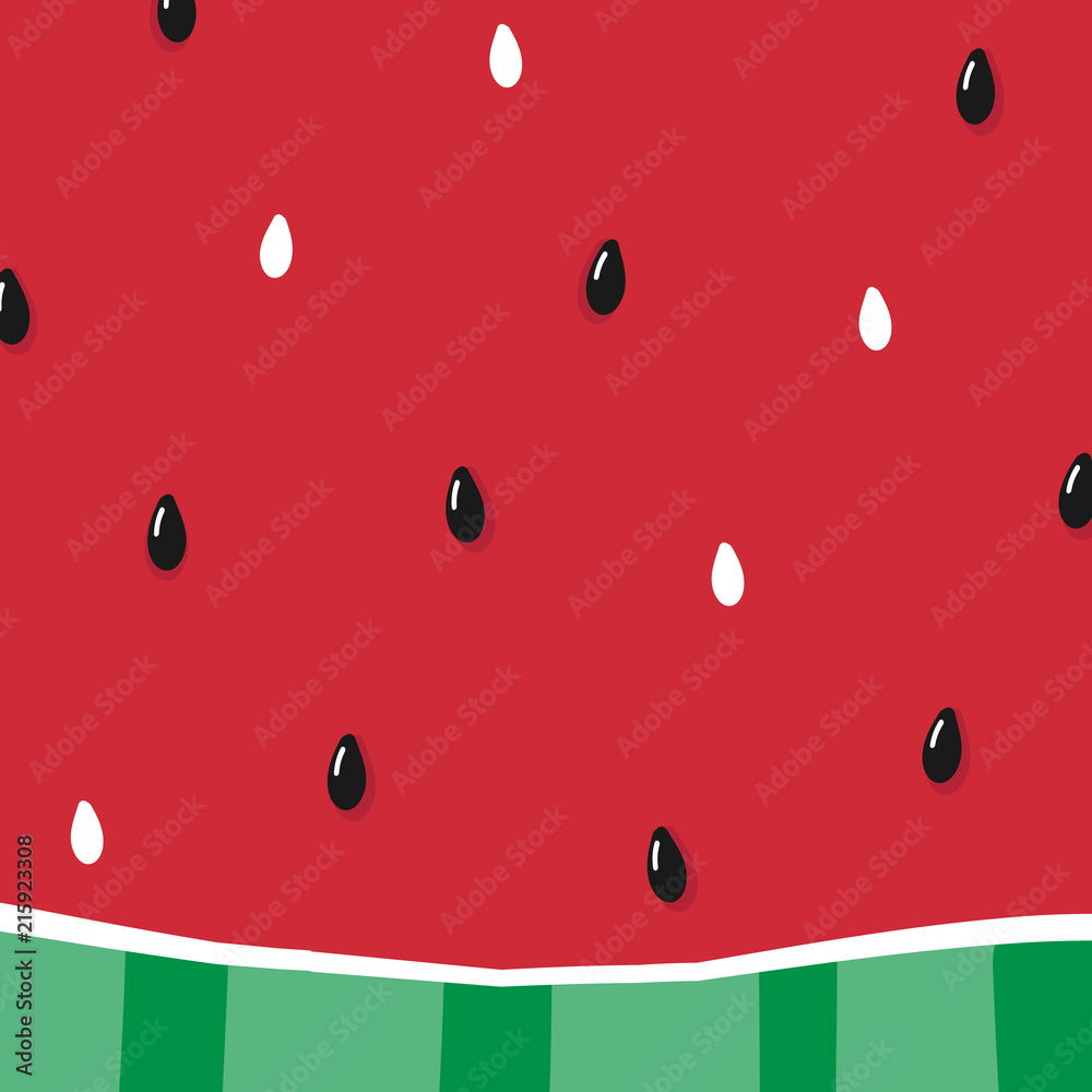 Cute cartoon vector watermelon slice, pulp with seeds square background ...