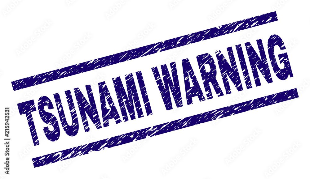 TSUNAMI WARNING seal print with scratced style. Blue vector rubber ...