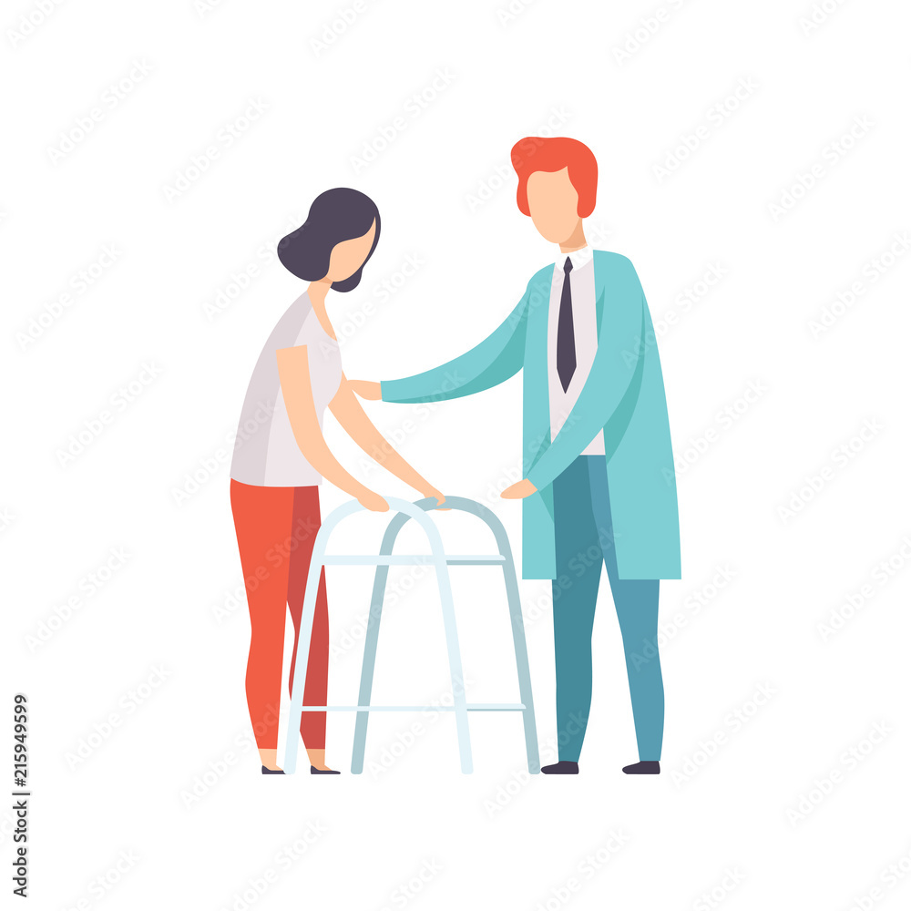 Disabled woman walking, using a walker, medical rehabilitation ...