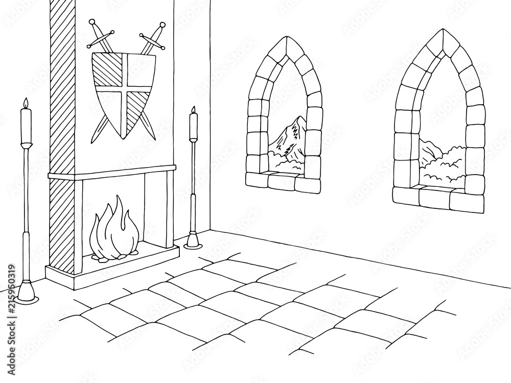 Castle interior graphic black white medieval sketch illustration vector ...