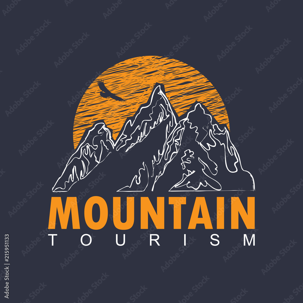Vector travel banner with mountains, sun, flying eagle and words ...