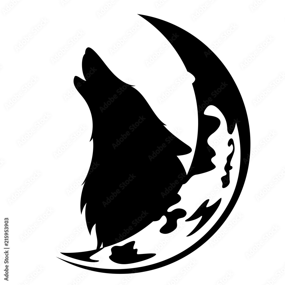howling wolf and moon crescent black and white vector design Stock ...