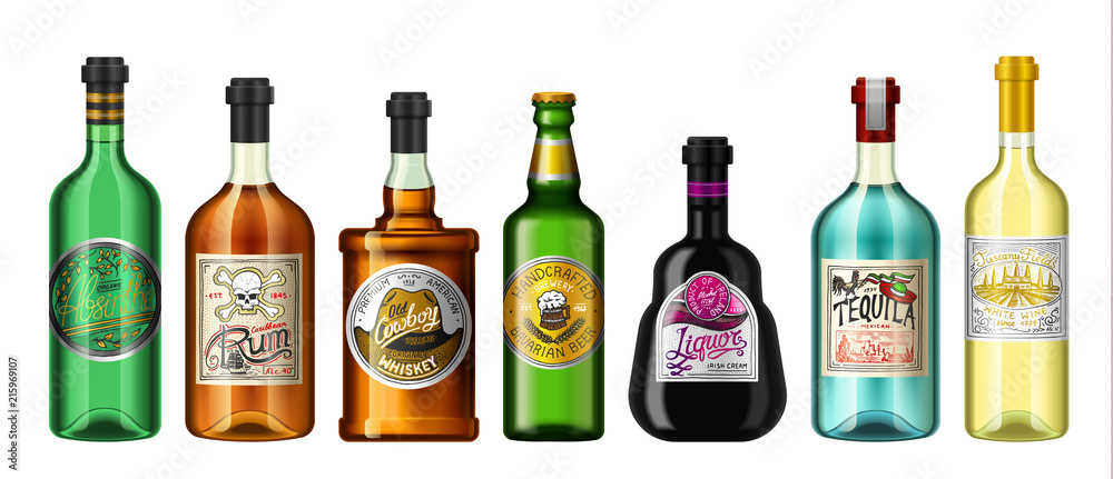 Alcohol drinks in a bottle with different vintage labels. Realistic ...