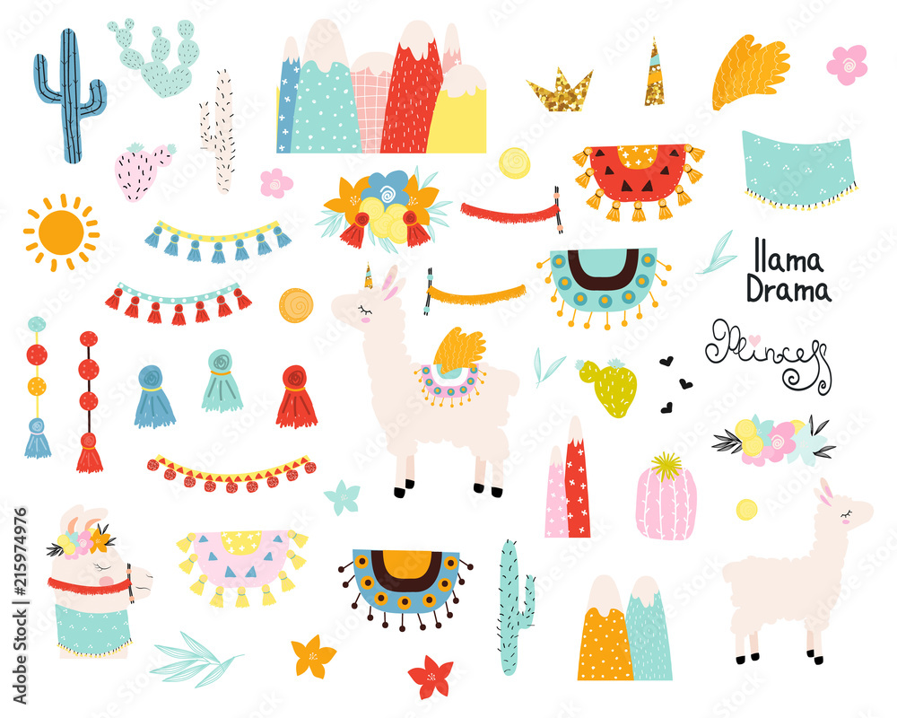 Set of cute llama elements and cactus. Vector hand drawn illustration ...