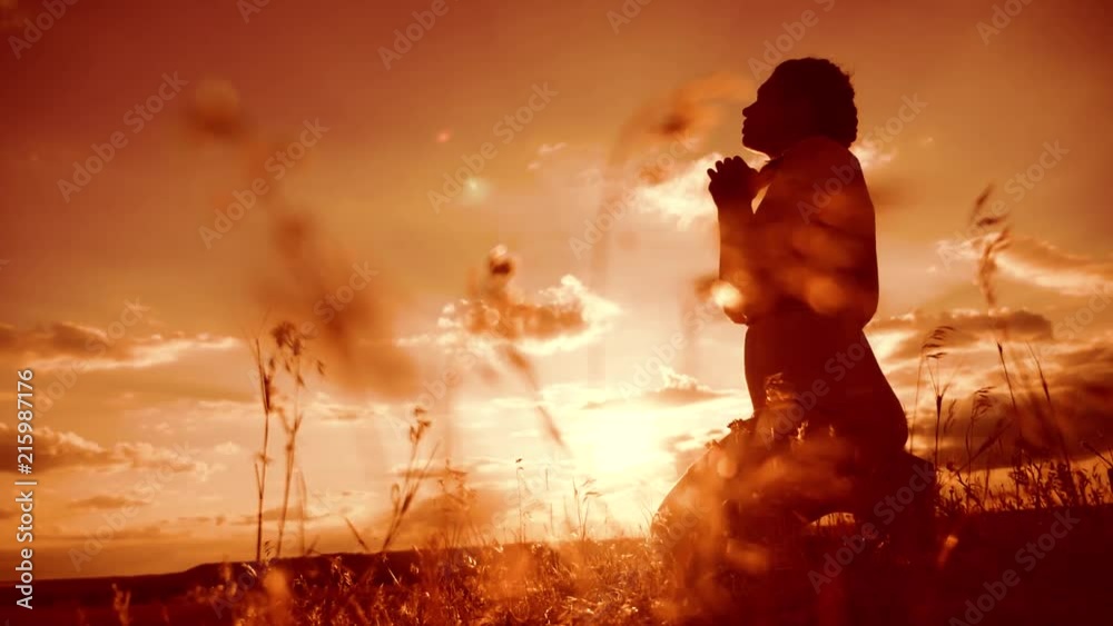 woman praying on her knees. Girl folded her hands in prayer silhouette ...