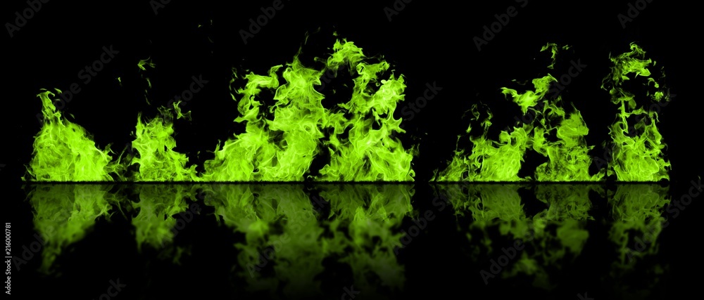 Real line of fire flames with reflection isolated on black background ...