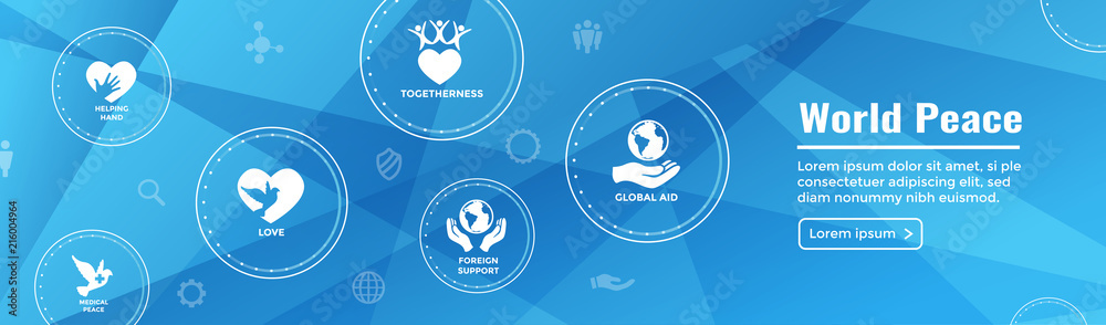 World Peace Web Header Banner with Dove Globe Hand and heart icon set ...