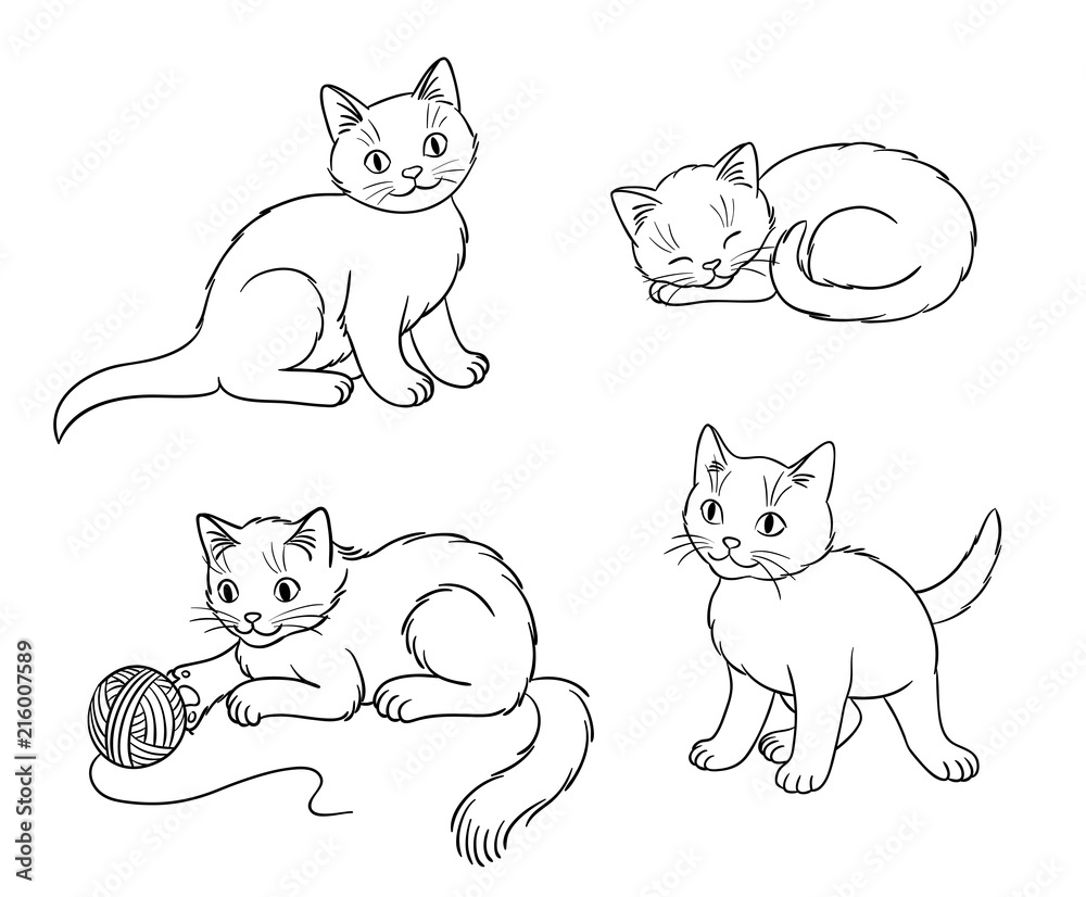 Four different kittens in outlines - vector illustration Stock Vector ...