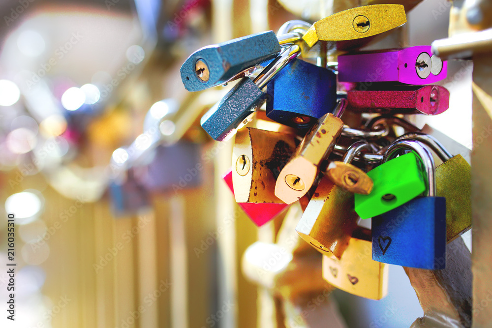 Extremely colourful set of Metal locks. A bunch of Heart fastened ...
