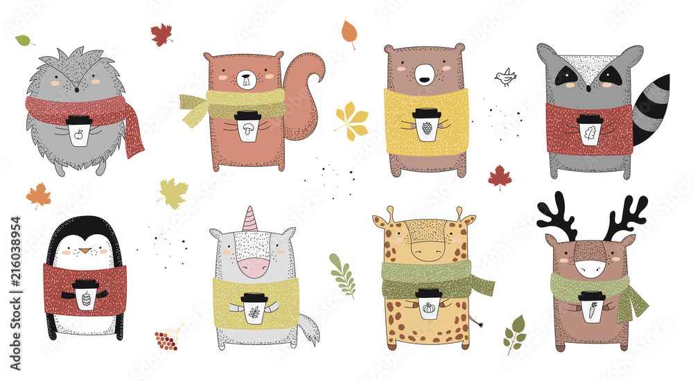 Vector collection of line drawing autumn animals in sweater and scarf ...