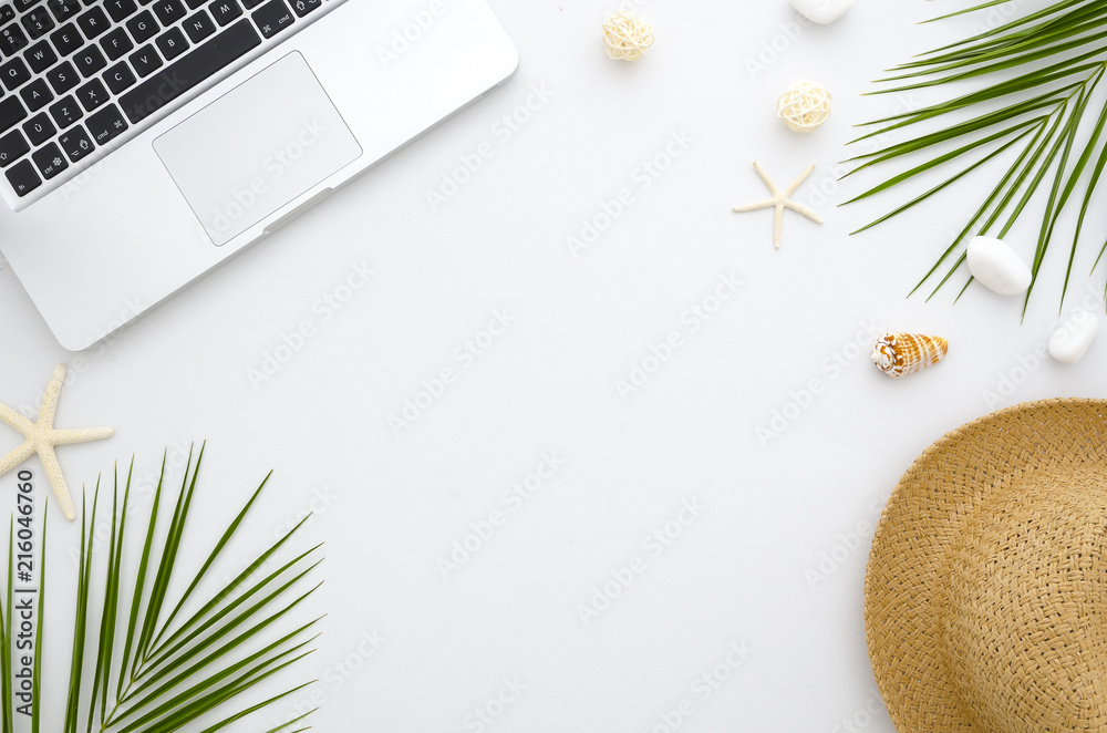 Summer flat lay. Work and travel concept. Rest, sea, sun, beach and ...