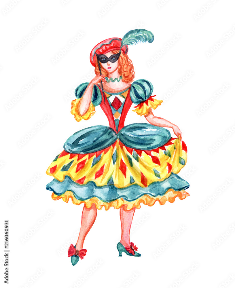 Colombina, the character of the Italian commedia dell'arte, watercolor ...