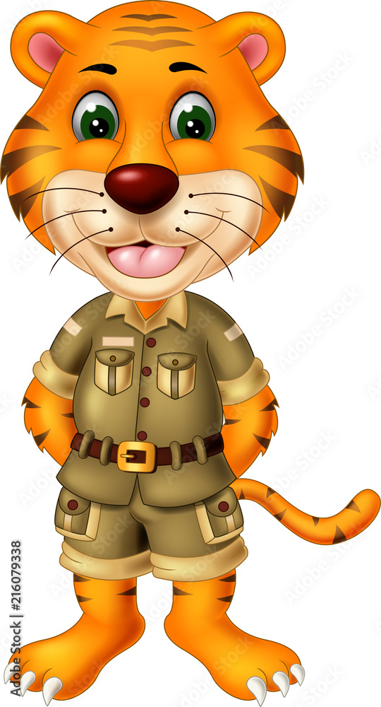 cute tiger cartoon standing with laughing on white background Stock ...
