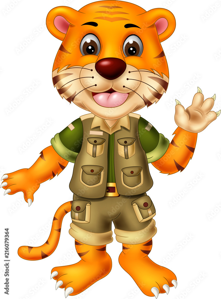 funny tiger cartoon standing with smile and waving on white background ...