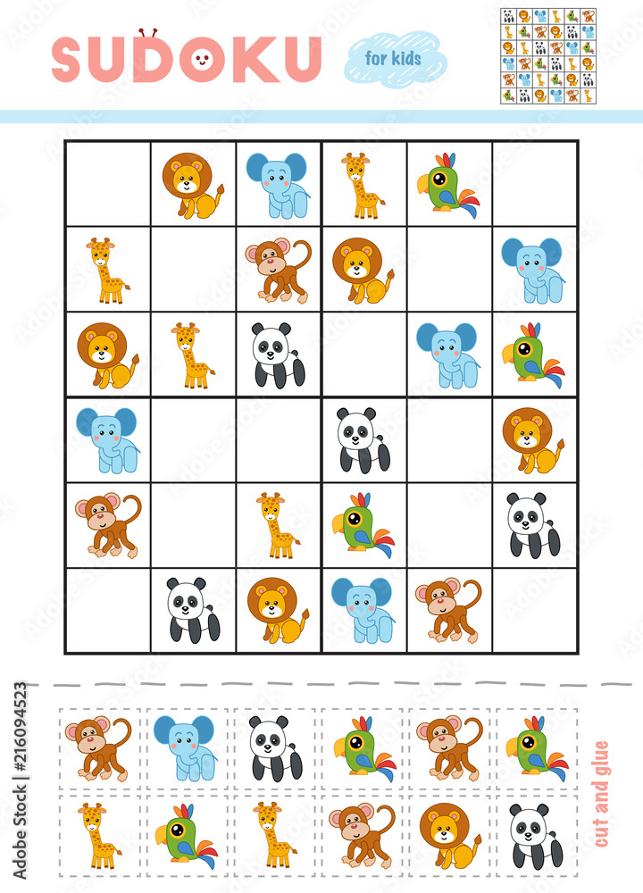 Sudoku for children, education game. Cartoon animals - Monkey, Giraffe ...