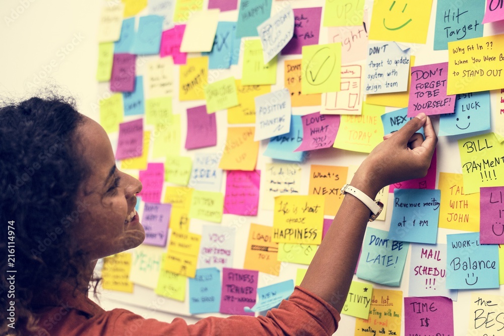 Sticky notes on an office wall Stock Photo | Adobe Stock