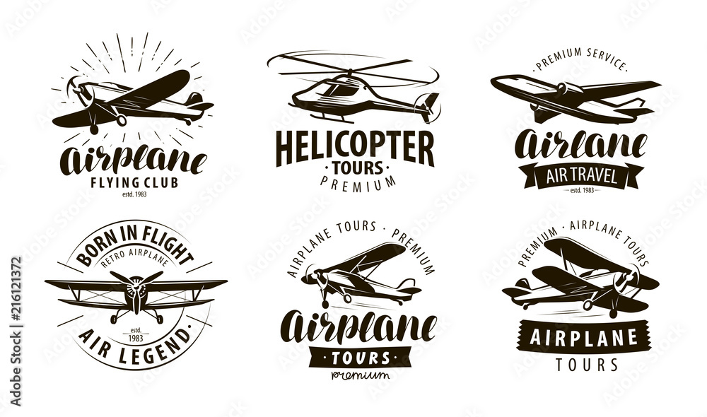 Aircraft, airplane, helicopter logo or icon. Transport label set ...
