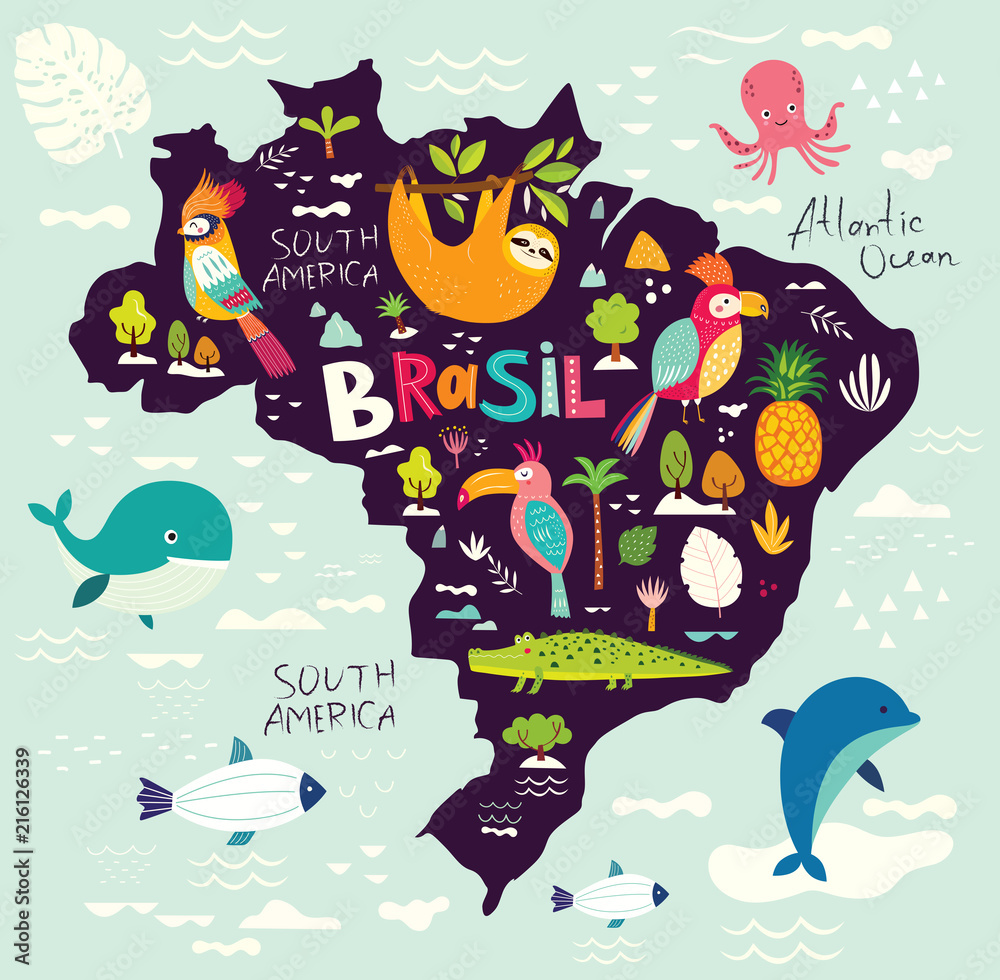 Map of Brazil with cartoon symbols Stock Vector | Adobe Stock
