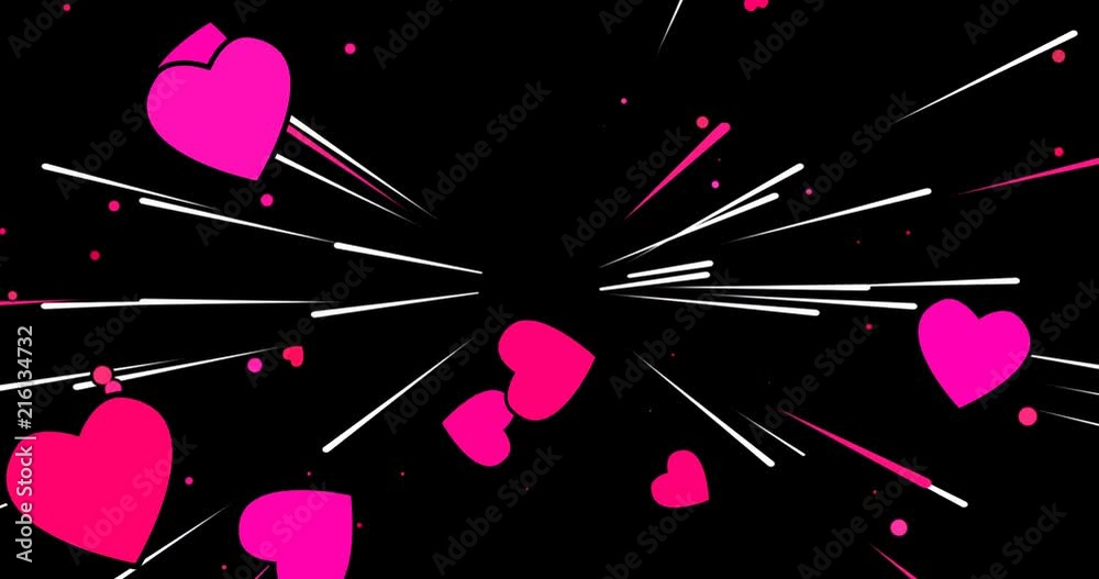 comic heart burst, many pink flying hearts with black outlines, stripes ...